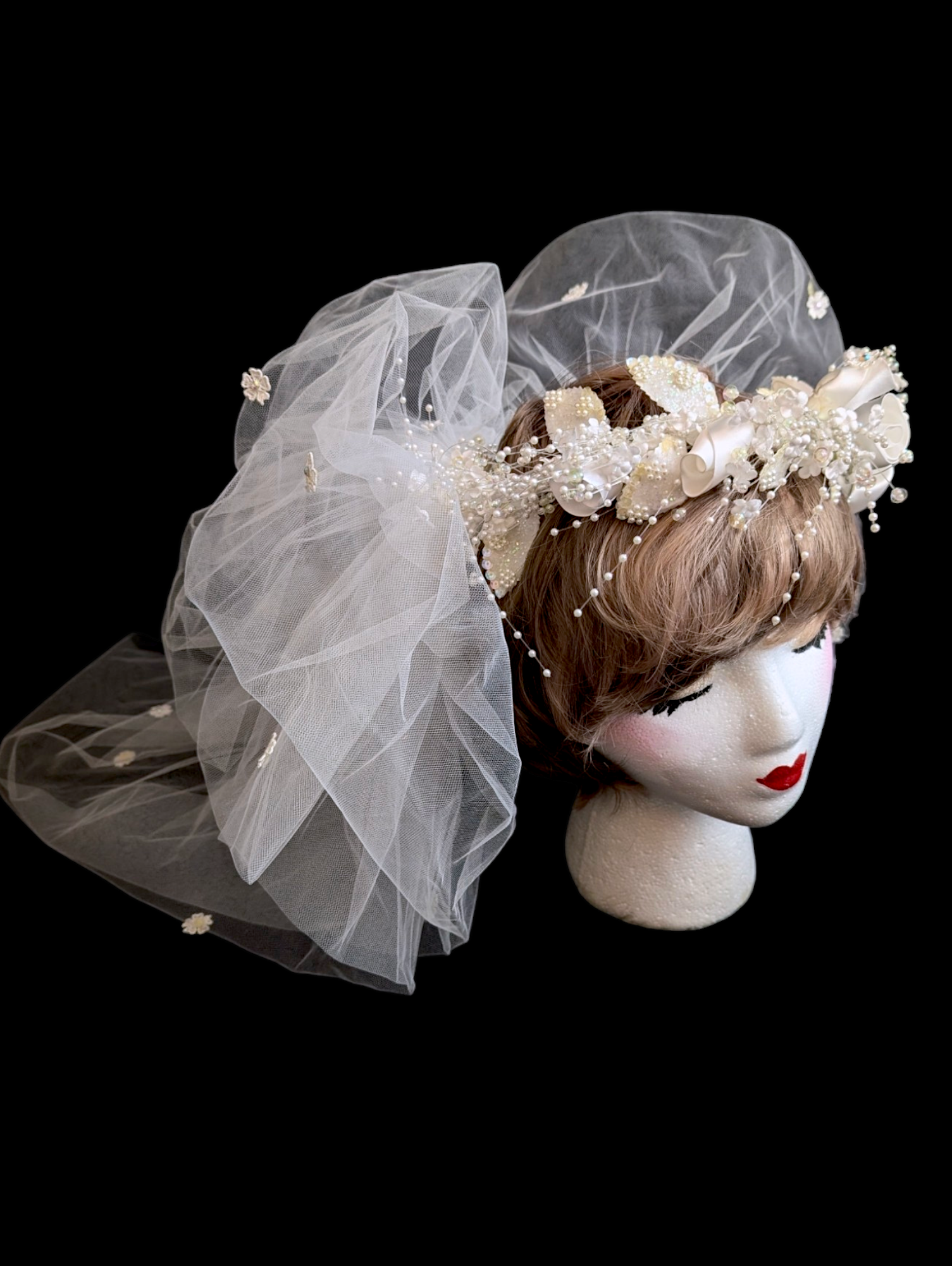 1980s Poofy Bow Veil with Romantic Flower Headpiece Crown Decorated wi ...