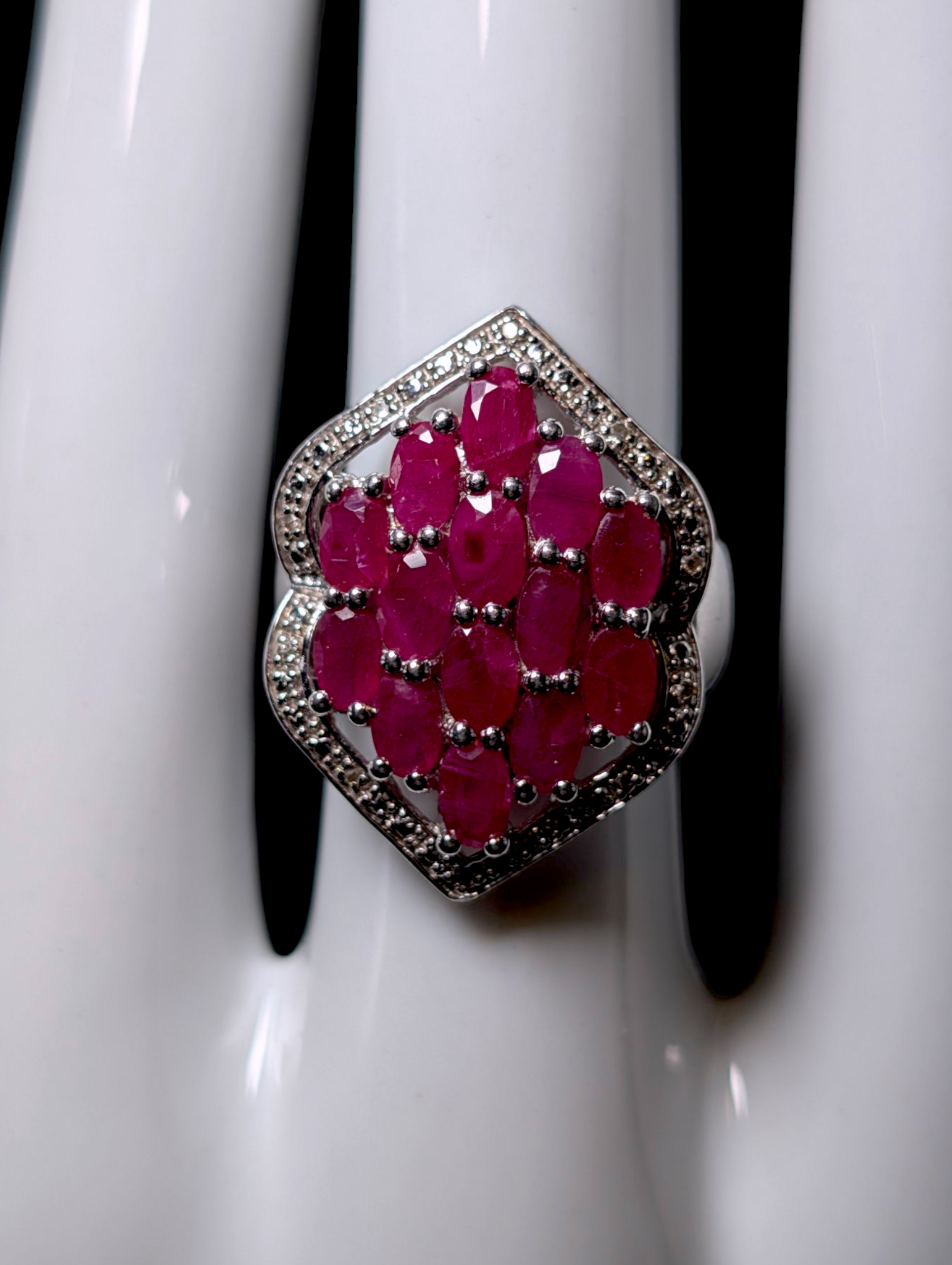 Vintage 3 Carat Earth Mined Genuine Ruby and Diamond Halo Sterling Sil ...