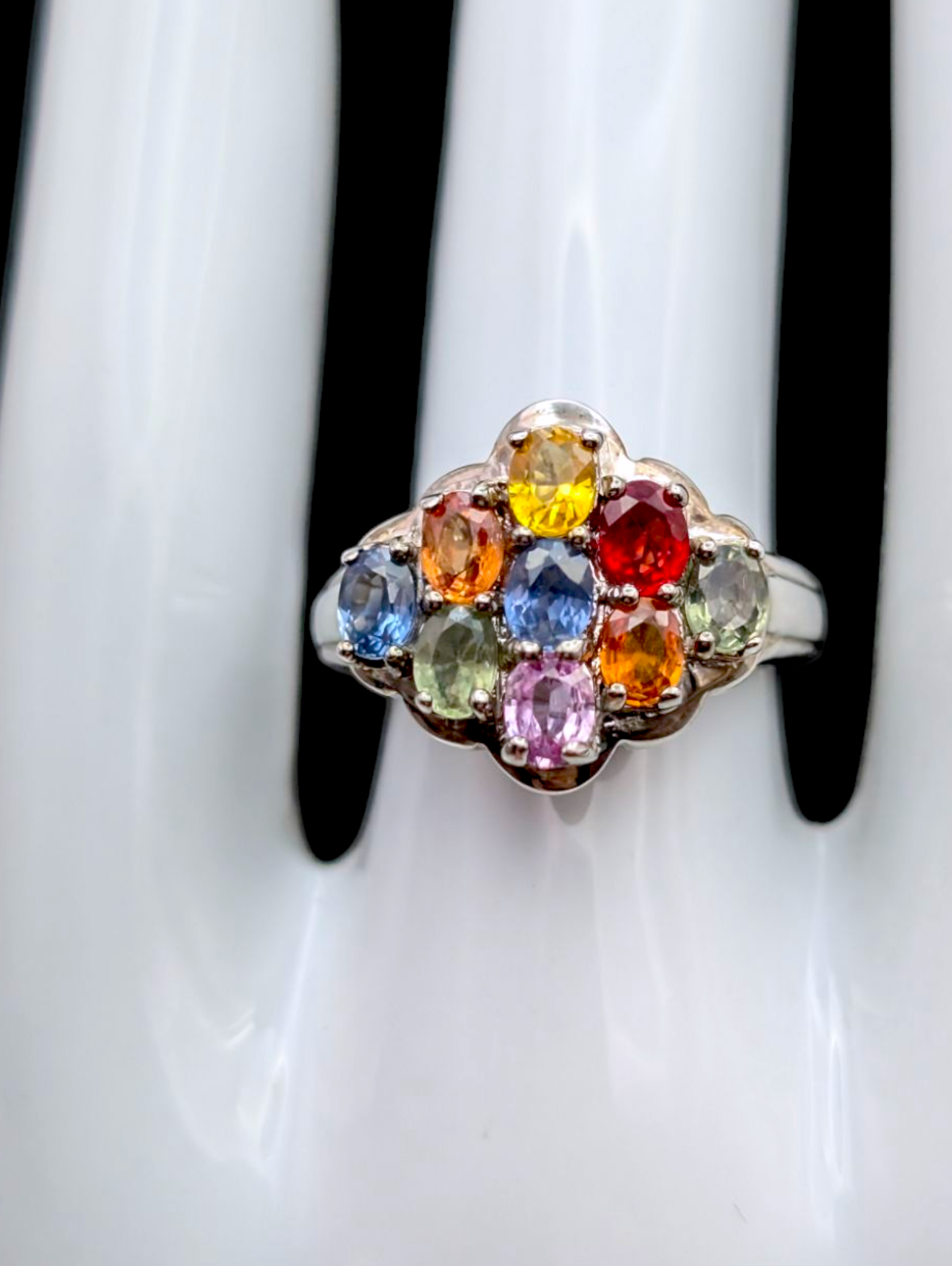 Vintage Rainbow Genuine Fancy Sapphire Sterling Silver Cluster Ring ...