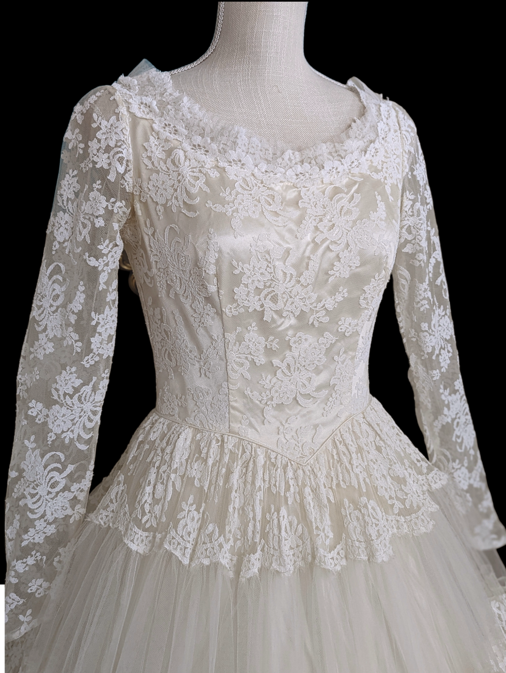 1954 Chantilly Lace and Tulle Long Sleeved Princess Style Wedding Dres ...